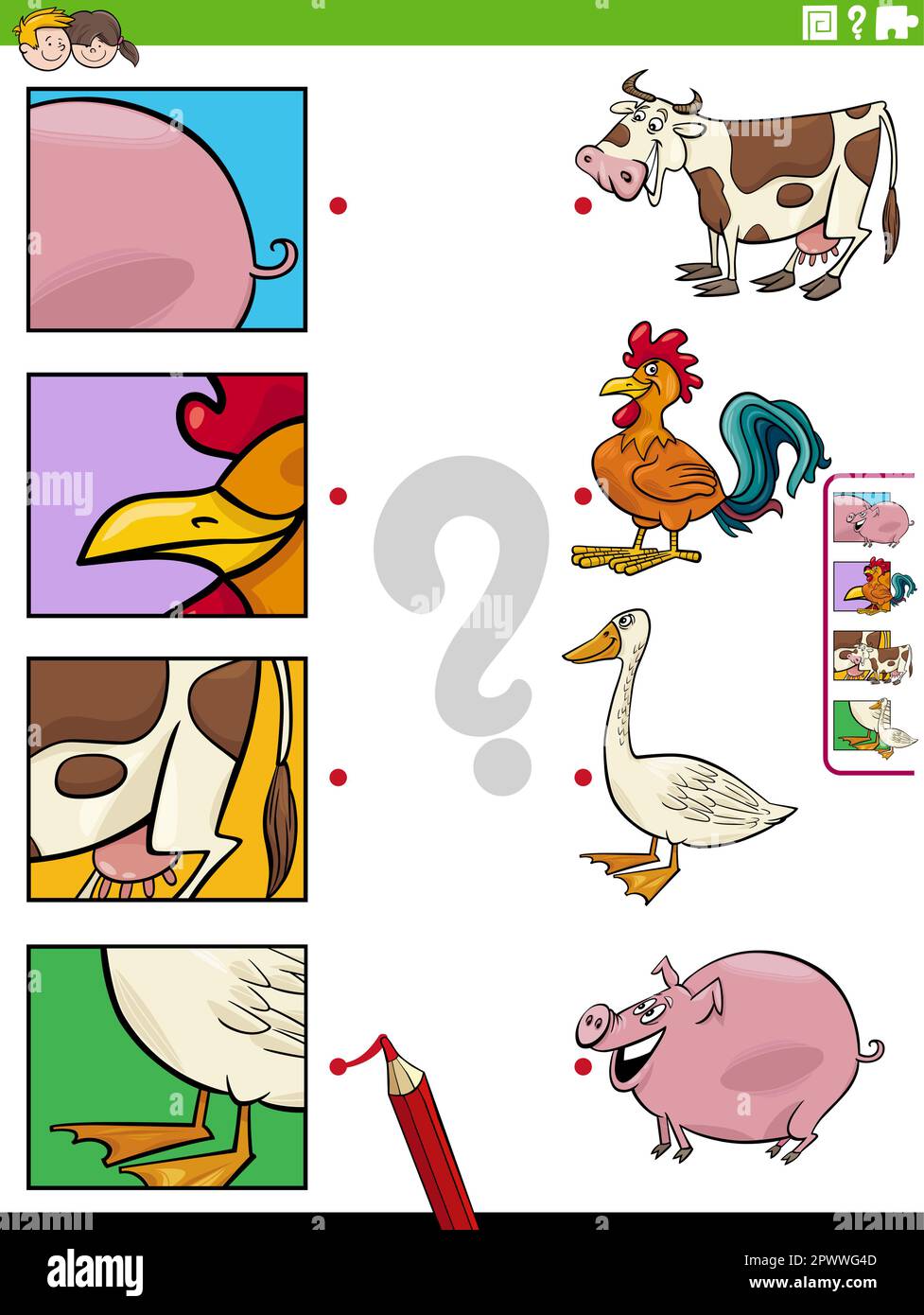 Cartoon illustration of educational matching game with farm animal ...