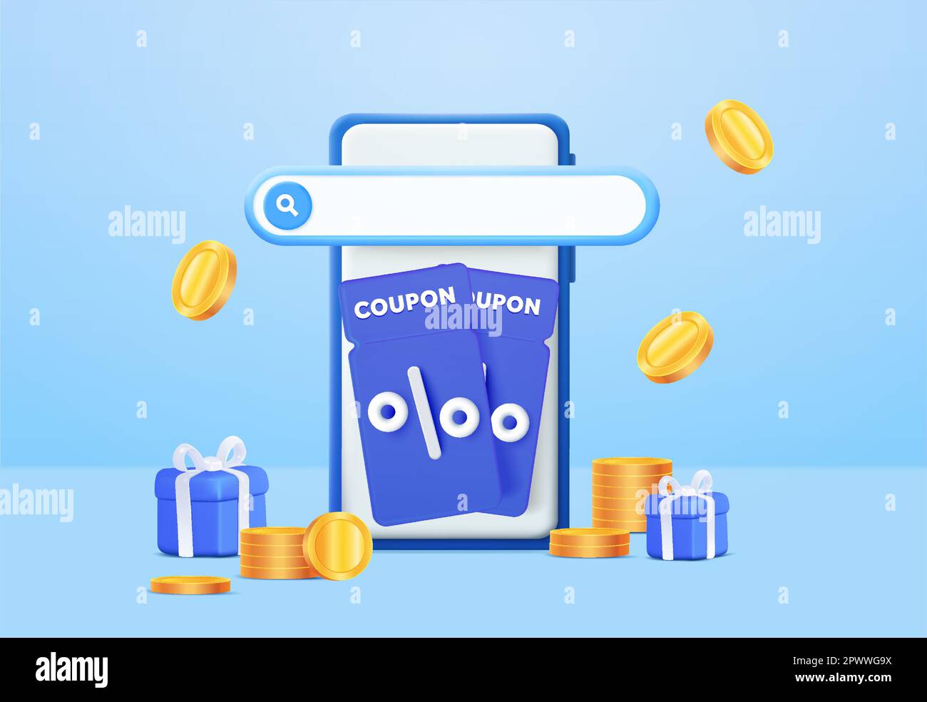 Online Shopping concept illustration. 3d coupon with search bar, gift ...