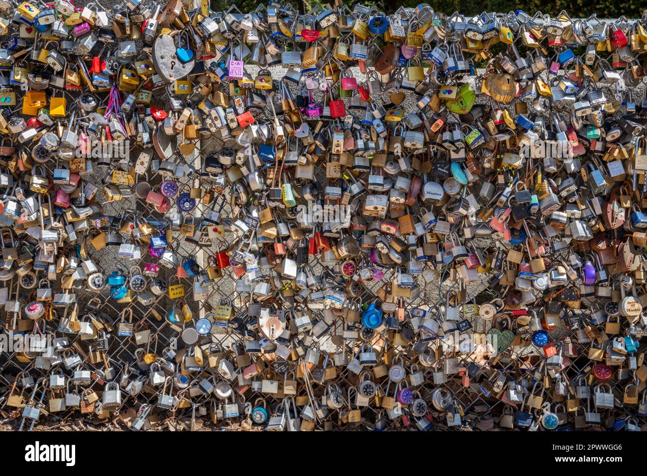 Love Bridge and padlock symbols on bridge over Riverwalk in San Antonio ...