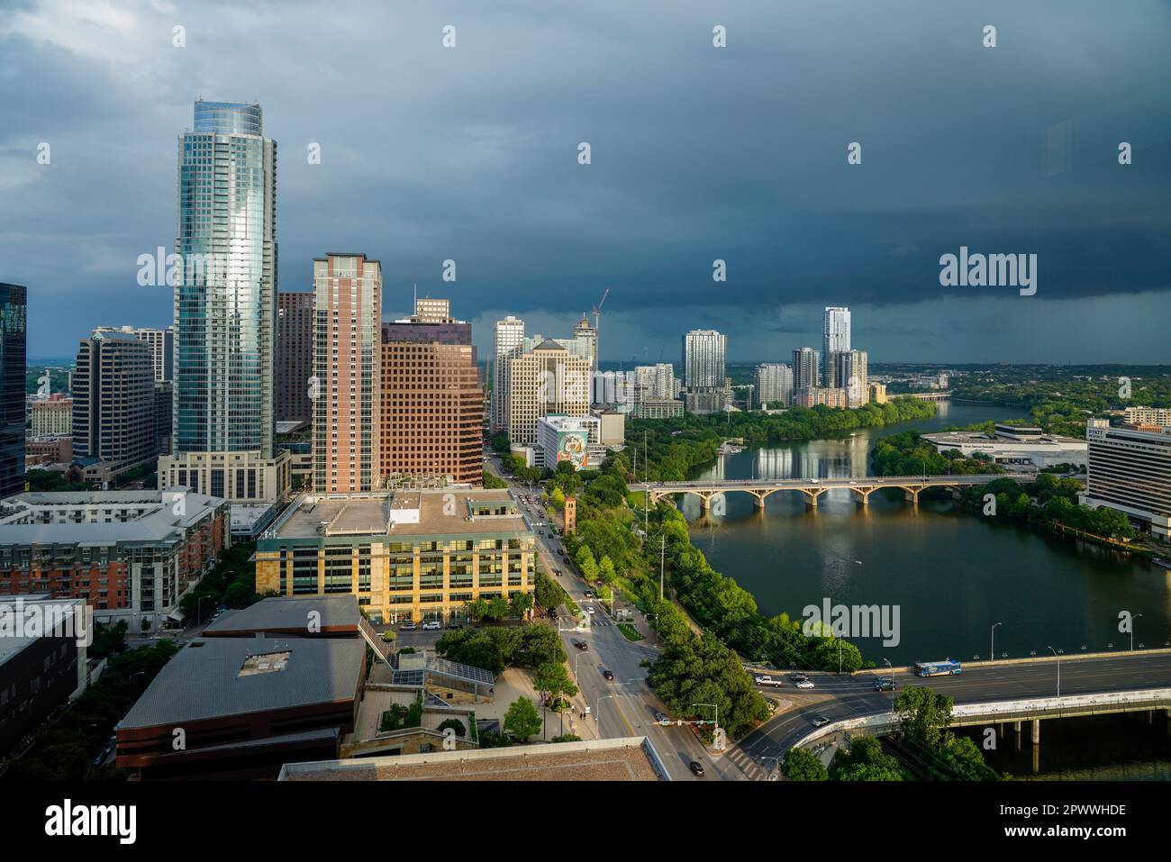 Storm clouds over downtown Austin Texas with Ladybird Lake and Congress ...