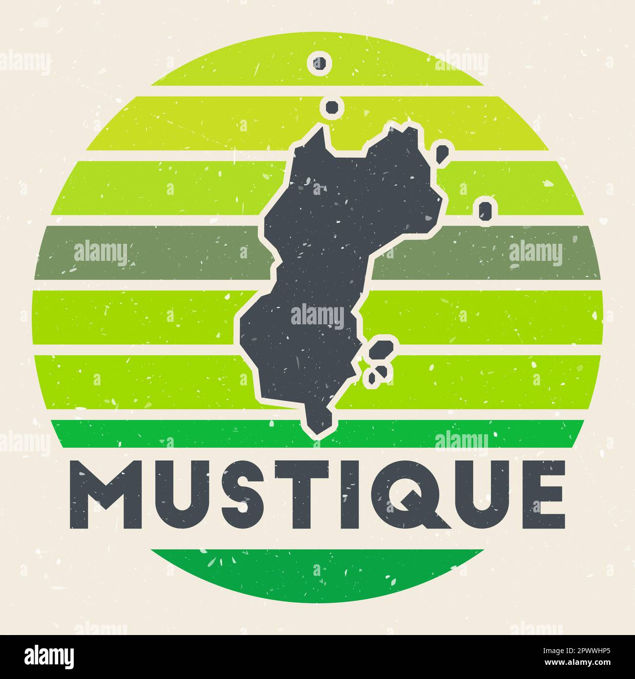 Mustique logo. Sign with the map of the island and colored stripes ...
