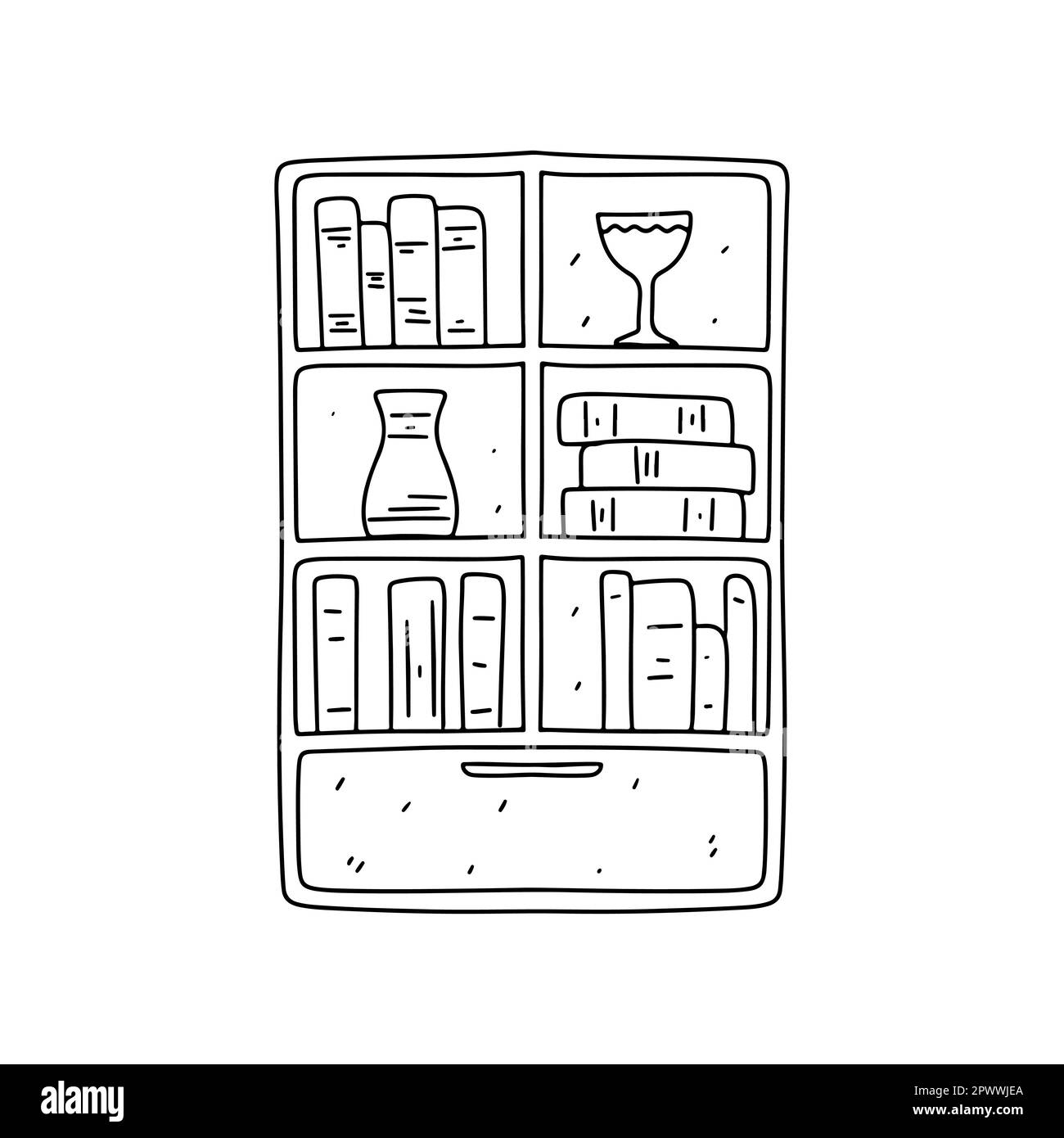 Book shelf in hand drawn doodle style. Vector illustration isolated on ...