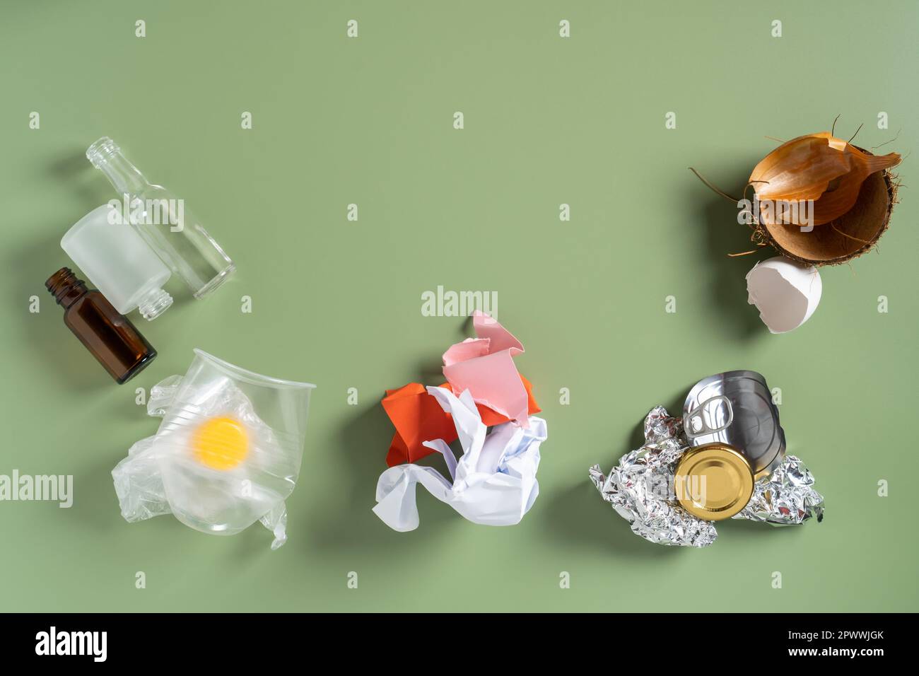 Different types waste, garbage of plastic, metal, organic, paper, glass ...