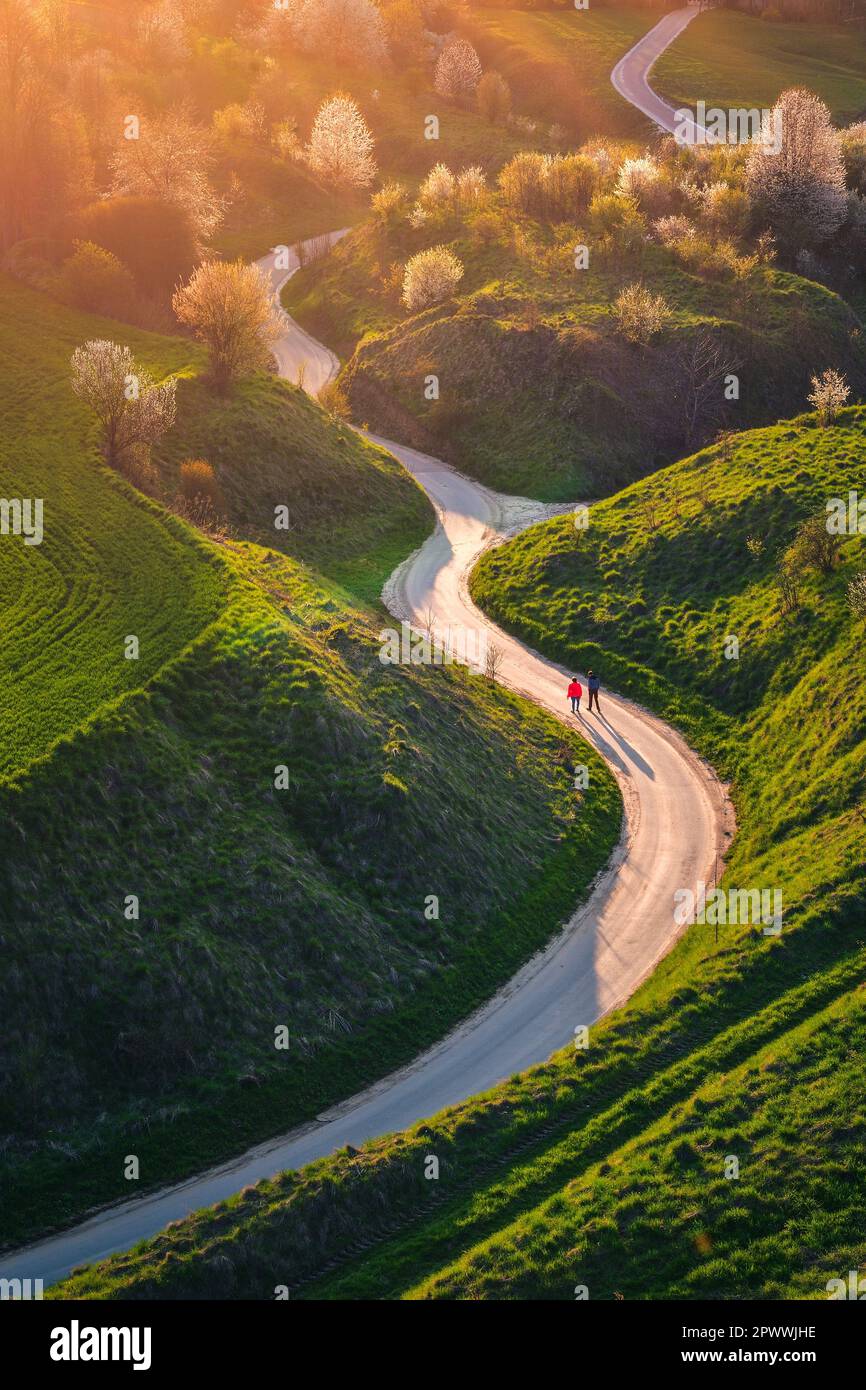Beautiful green spring landscape in the Polish countryside. Winding ...