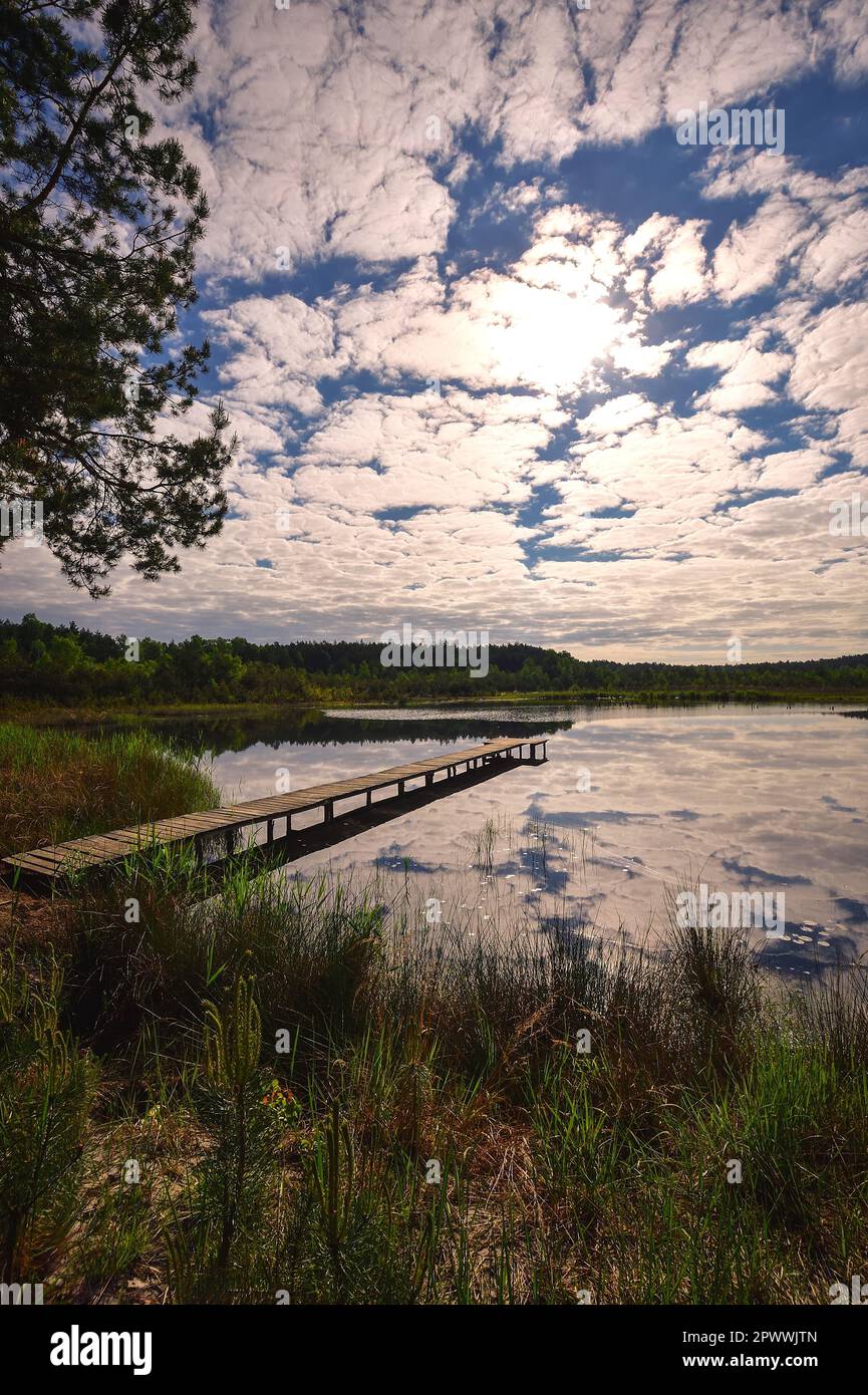 Beautiful summer afternoon landscape by the lake. Charming wooden pier ...