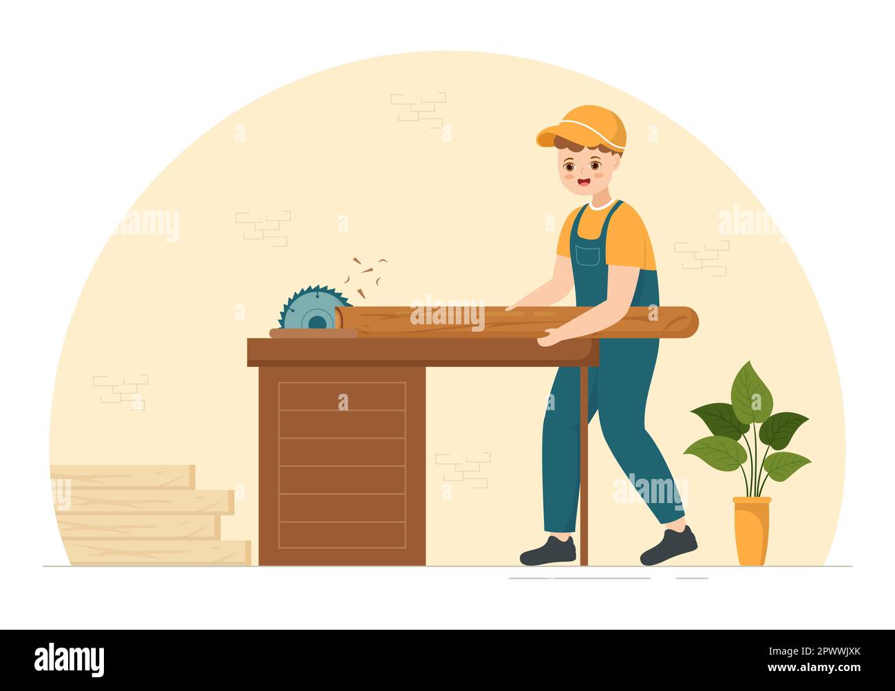 Woodworking with Wood Cutting by Modern Craftsman and Worker using ...