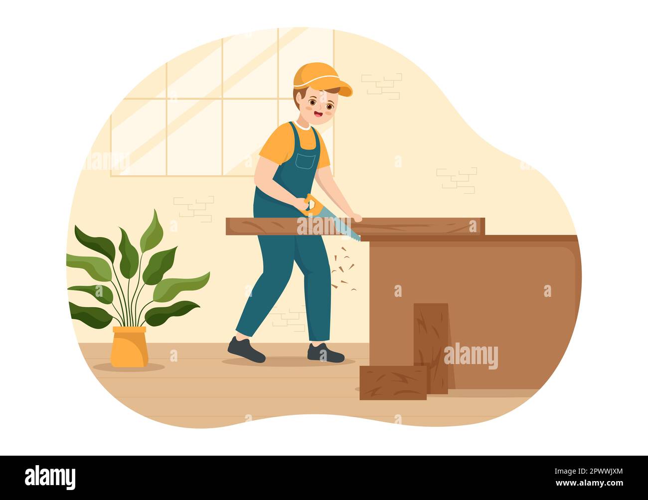 Woodworking with Wood Cutting by Modern Craftsman and Worker using ...