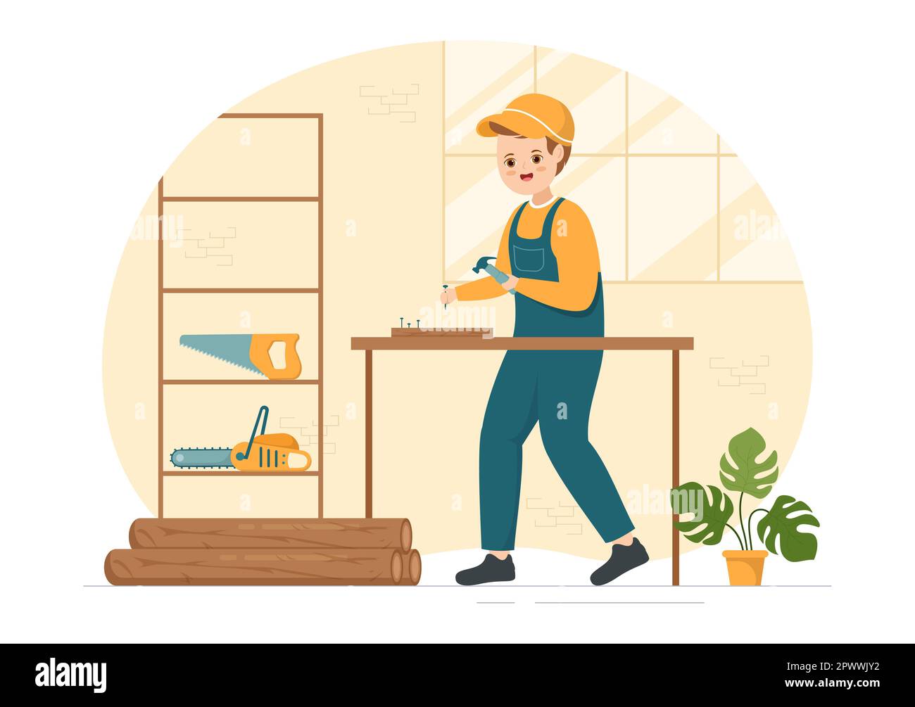 Woodworking with Wood Cutting by Modern Craftsman and Worker using ...