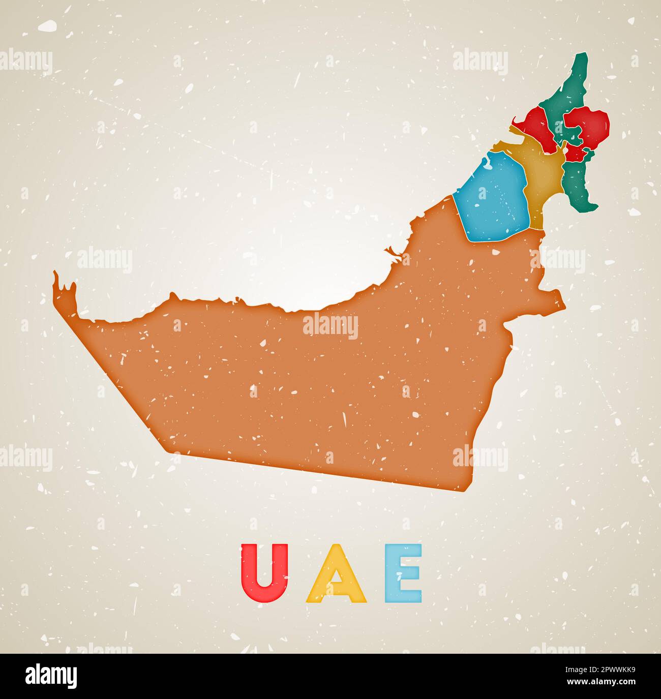 UAE map. Country poster with colored regions. Old grunge texture ...