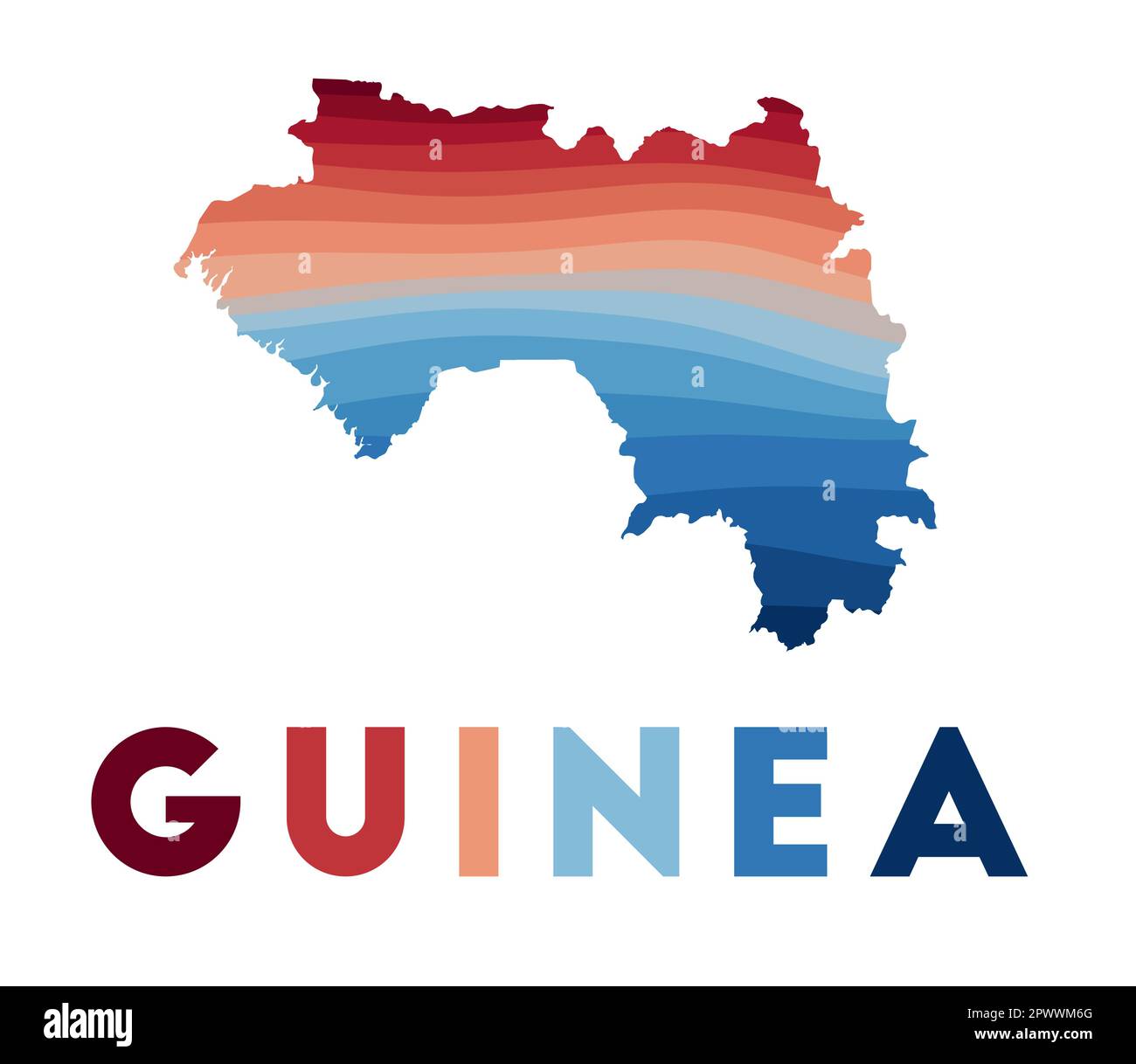 Guinea map. Map of the country with beautiful geometric waves in red and blue colors. Vivid ...