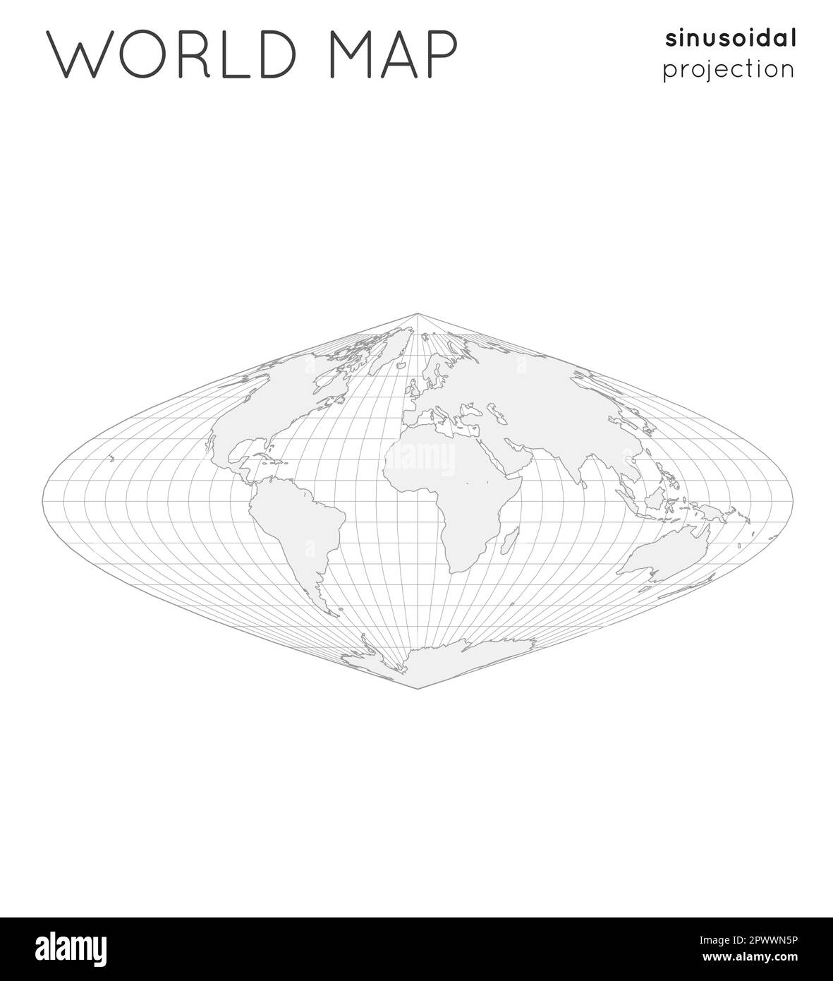 World Map Globe In Sinusoidal Projection With Graticule Lines Style Outline Vector