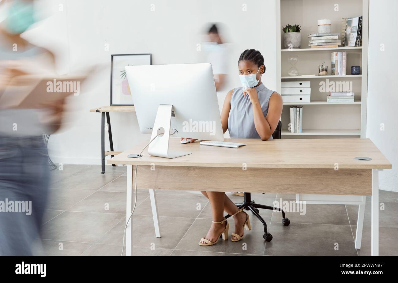 Covid, office and black woman with busy people with face mask for ...