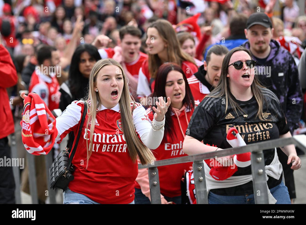 London, England on 1 May 2023. Arsenal Women supporters ready for the ...