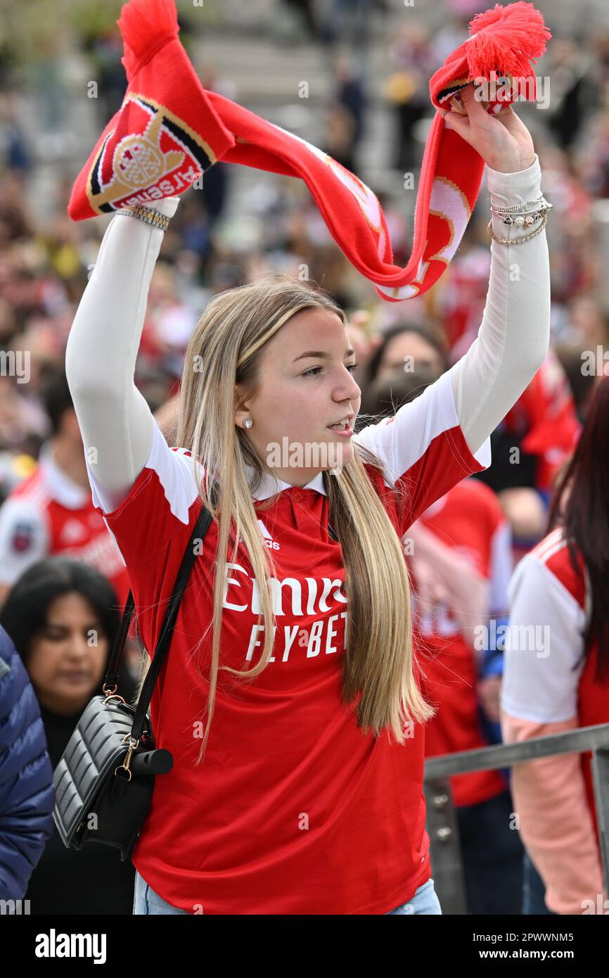 London, England on 1 May 2023. Arsenal Women supporters ready for the ...