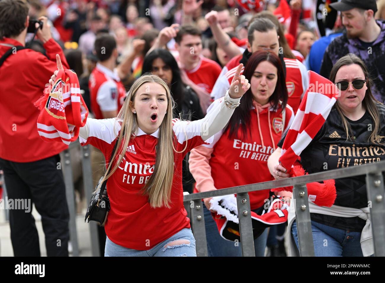 London, England on 1 May 2023. Arsenal Women supporters ready for the ...