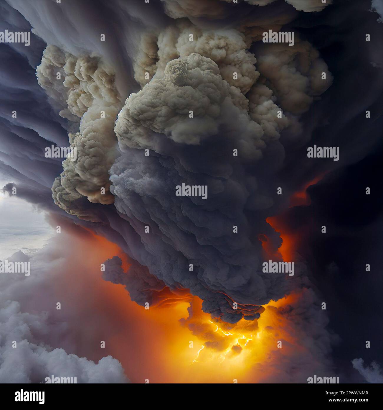 Aerial View of Billowing Smoke, Lighting and Ashes rising up from an ...