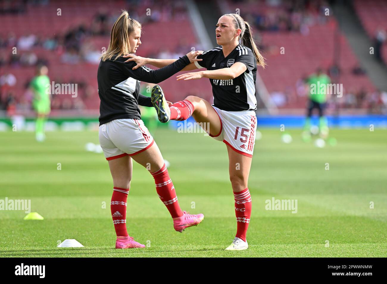 London, England on 1 May 2023. Arsenal Women warm up before the Womens Champions League Semi ...