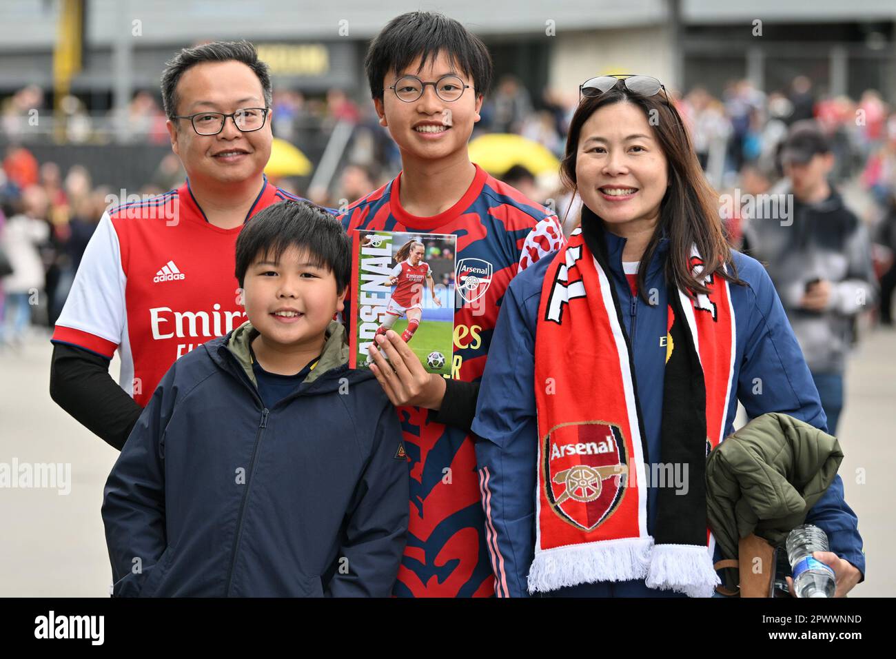 London, England on 1 May 2023. Arsenal Women supporters ready for the ...