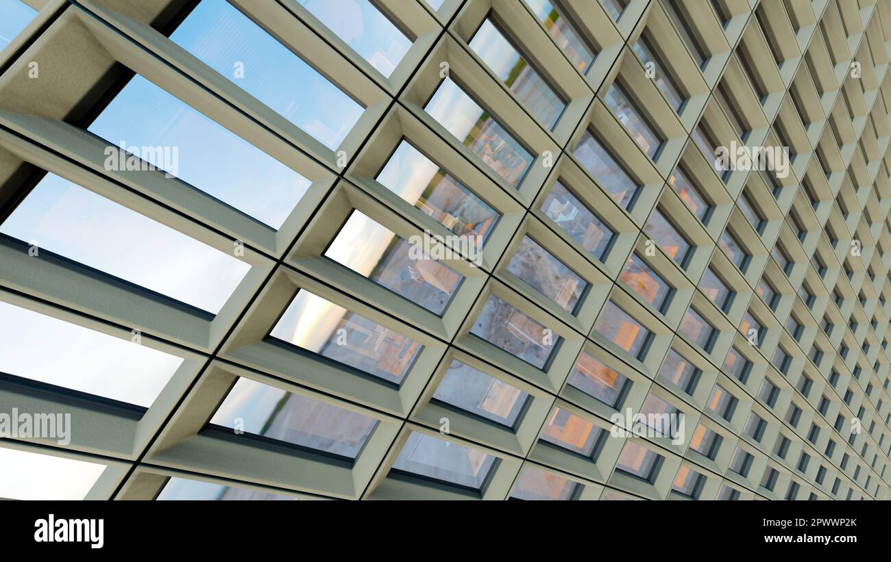 concrete building windows modern city facade in perspective 3D ...