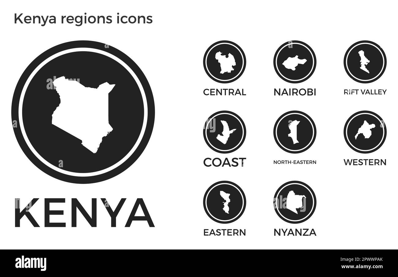 Kenya regions icons. Black round logos with country regions maps and titles. Vector illustration ...