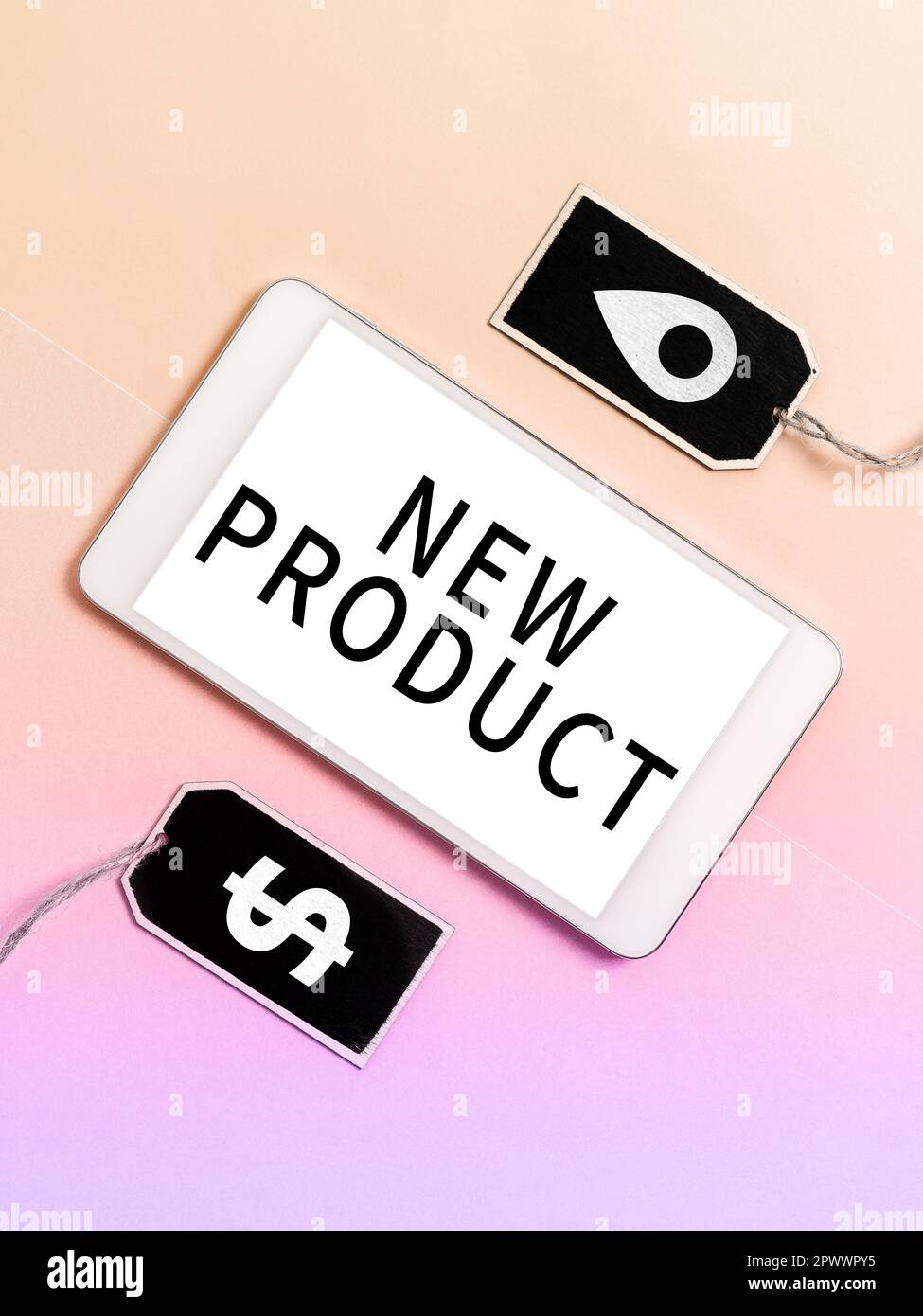 Sign displaying New Product, Word Written on goods and services that ...