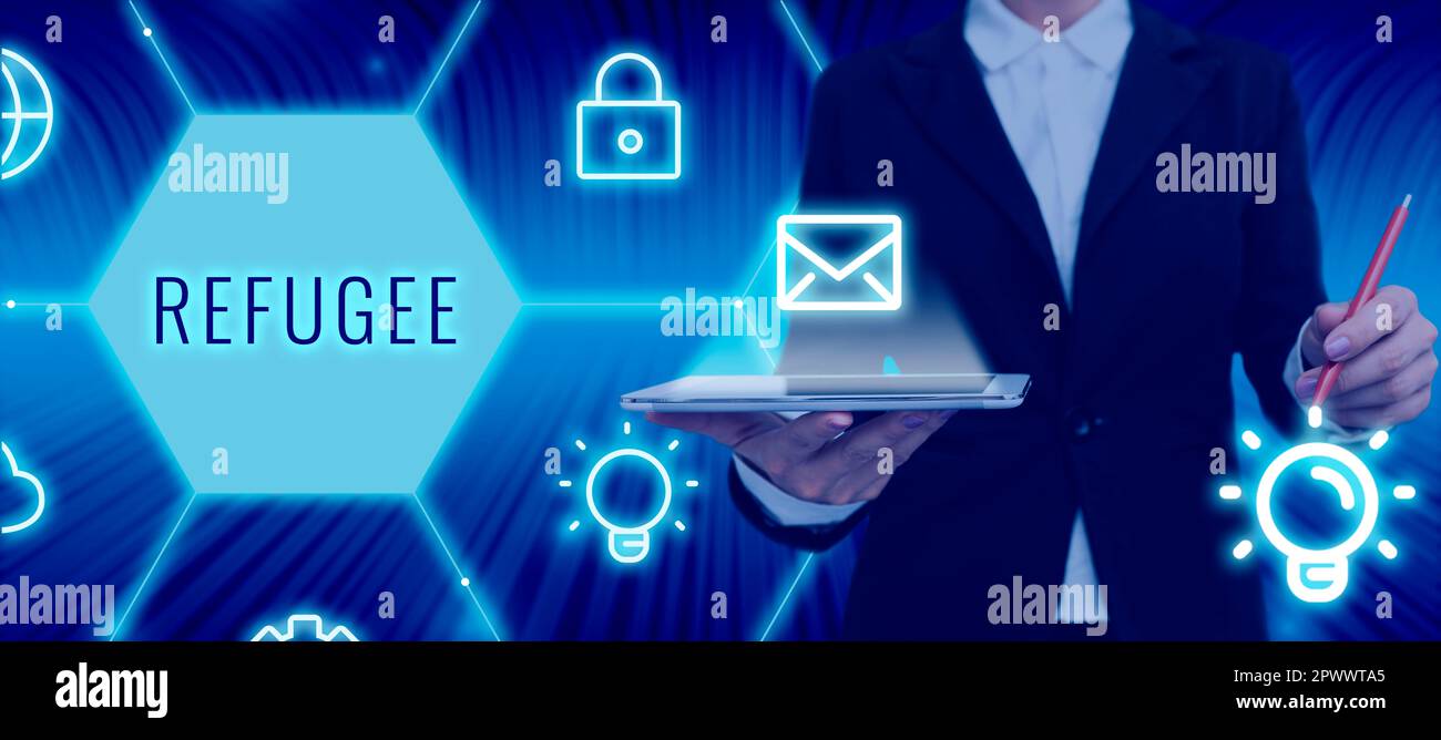 Hand writing sign Refugee, Business concept refer to movements of large ...