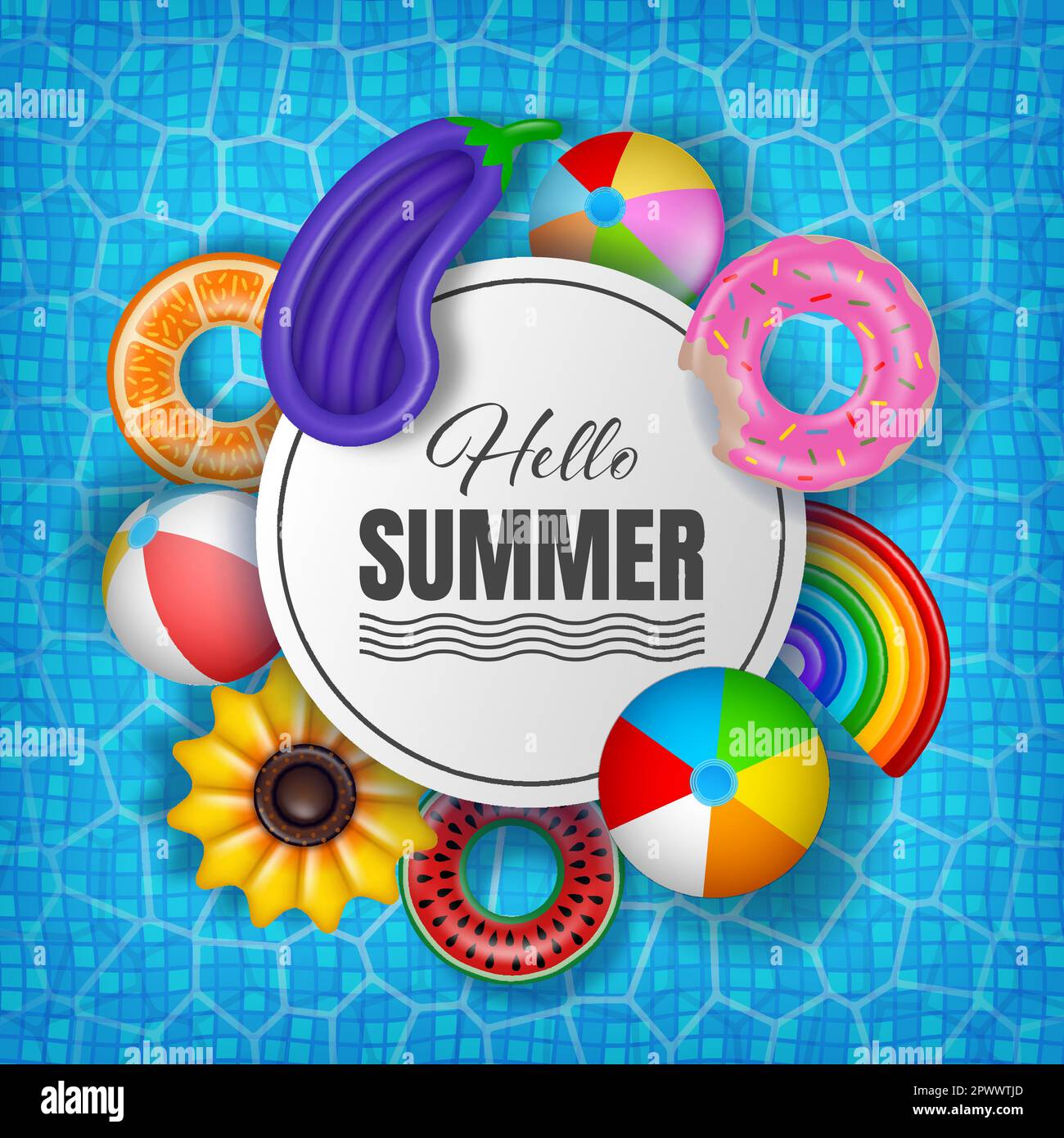 Summer background with colorful inflatables on pool water. Summer ...