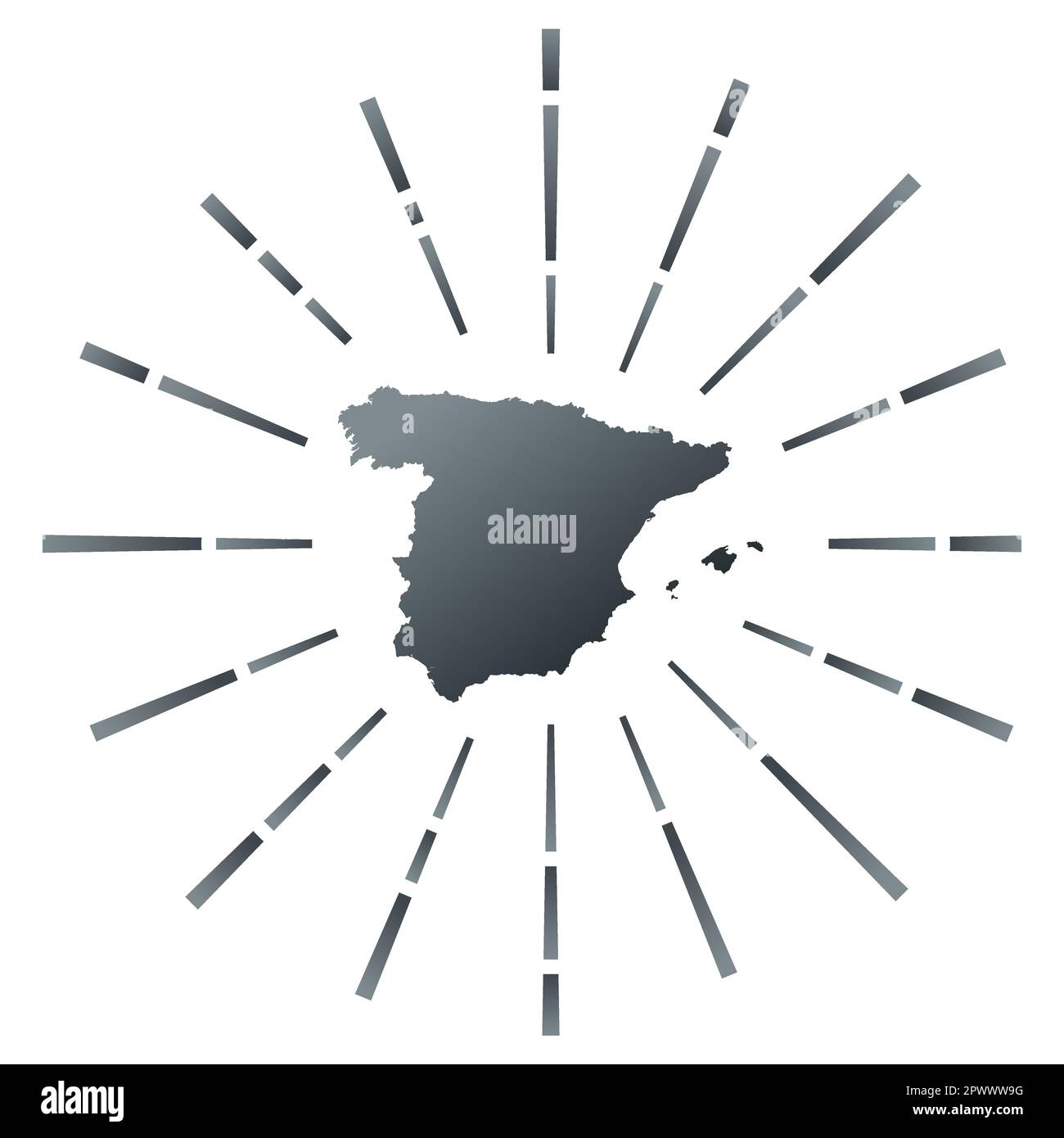 Spain gradiented sunburst. Map of the country with colorful star rays ...