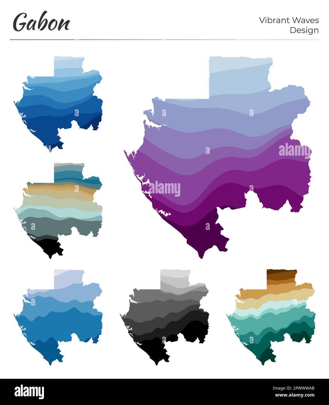 Set of vector maps of Gabon. Vibrant waves design. Bright map of ...