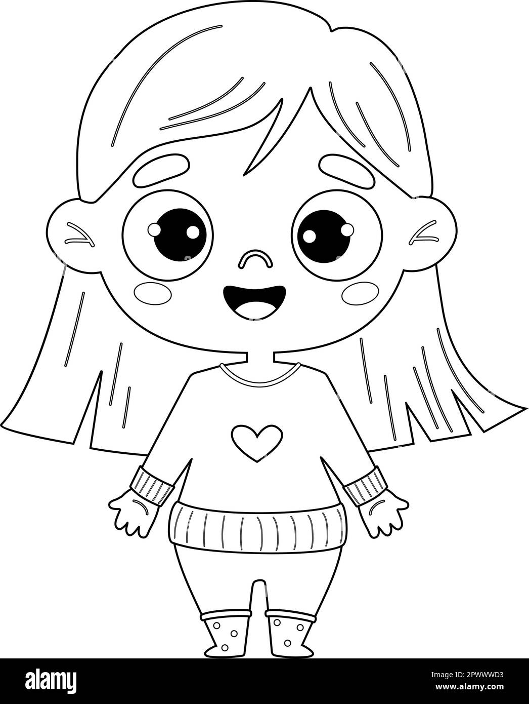 Cute happy kid girl. Outline drawing coloring book. Vector illustration ...