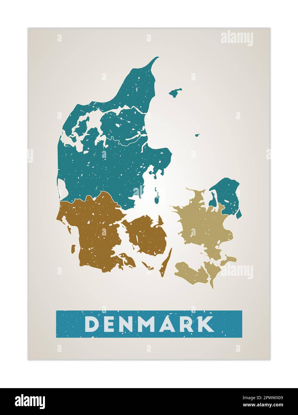 Denmark map. Country poster with regions. Old grunge texture. Shape of Denmark with country name ...