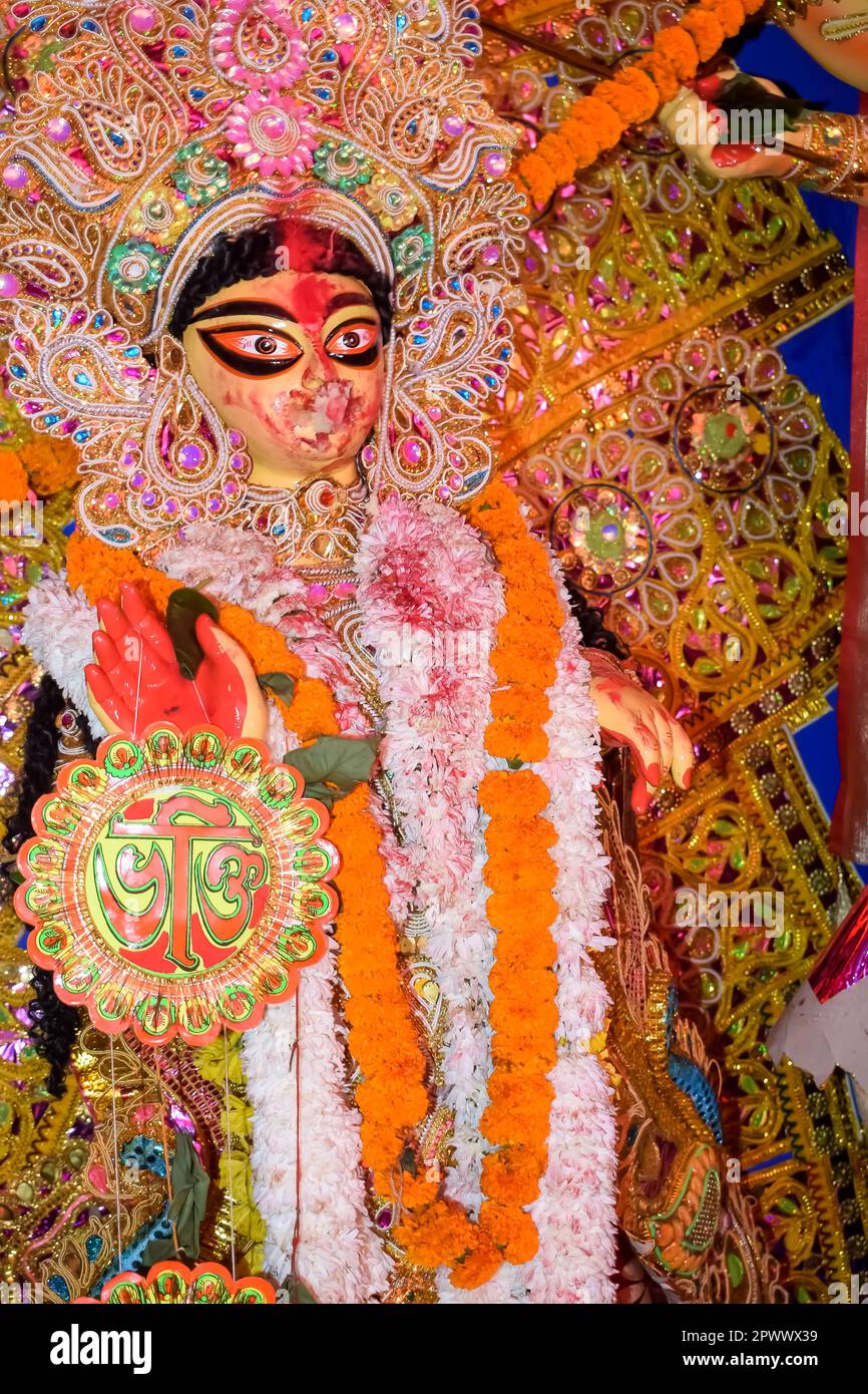 Goddess Durga with traditional look in close up view at a South Kolkata ...