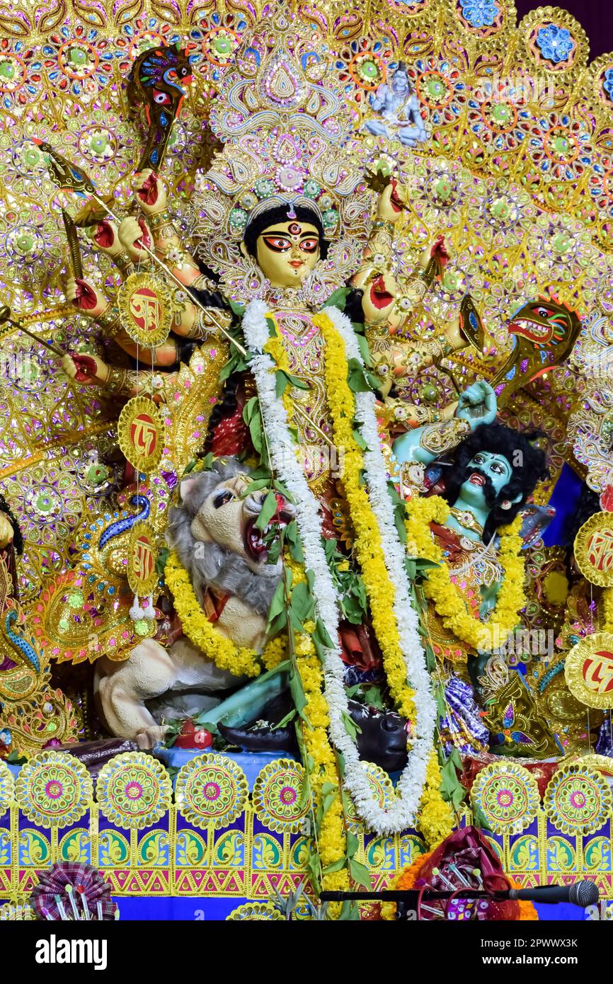 Goddess Durga with traditional look in close up view at a South Kolkata ...