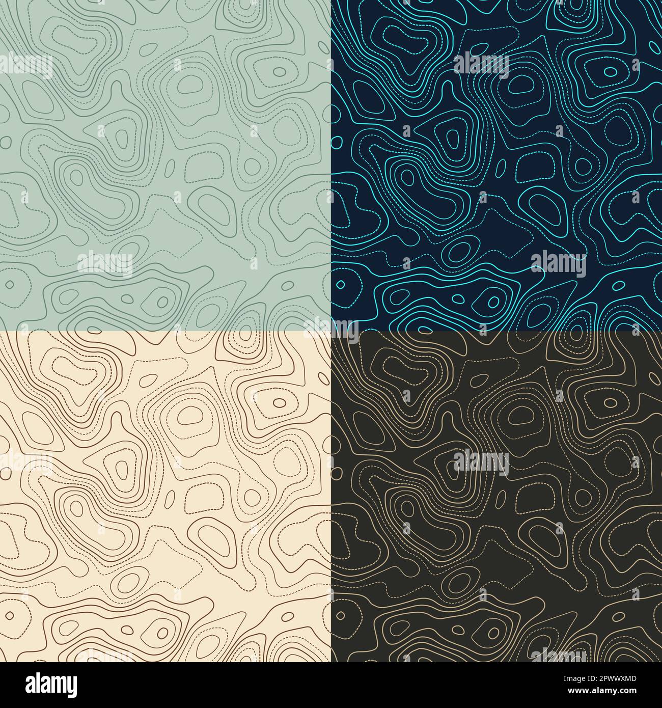 Topography patterns. Seamless elevation map tiles. Artistic isoline ...