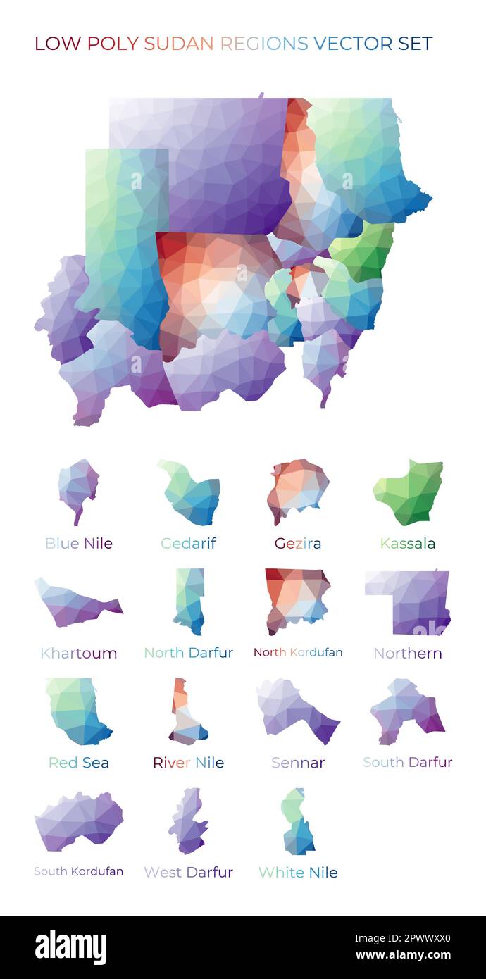 Sudanese low poly regions. Polygonal map of Sudan with regions. Geometric maps for your design ...