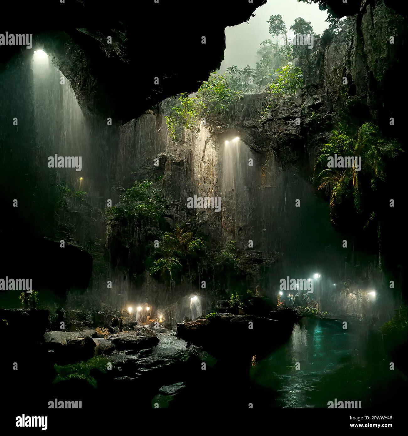 Natural Lake Inside a Cave with Lush Greenery Stock Photo - Alamy