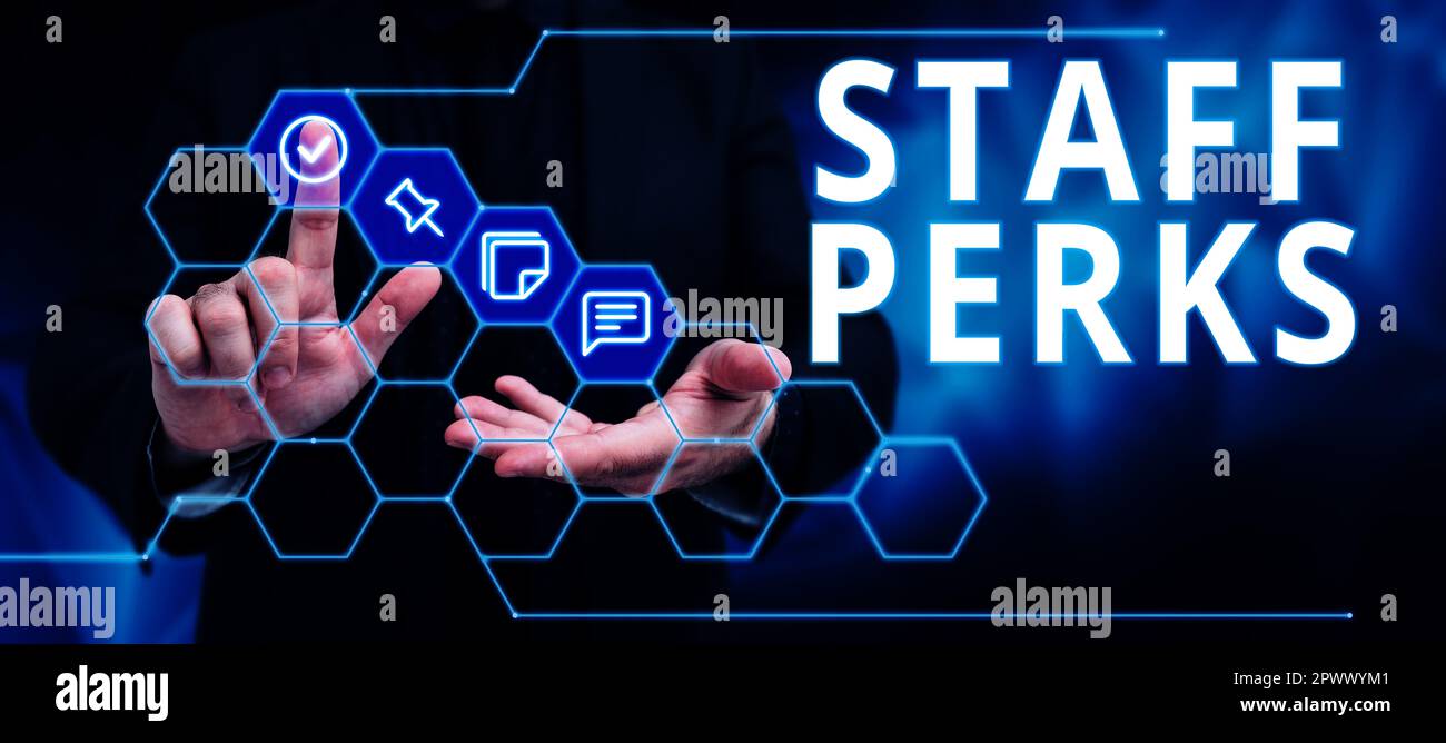Text caption presenting Staff Perks, Concept meaning Workers Benefits ...