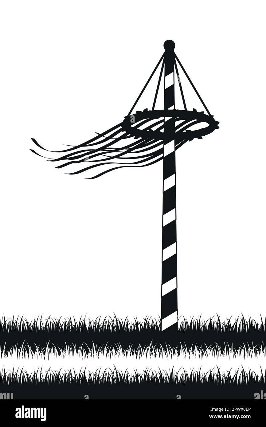 maypole with ribbons on meadow silhouette on white Stock Vector Image ...