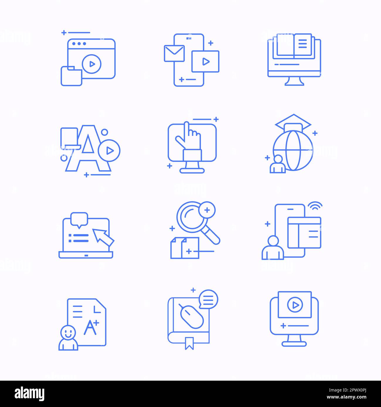 E-learning education flat line icons. Set of graduation cap, training ...