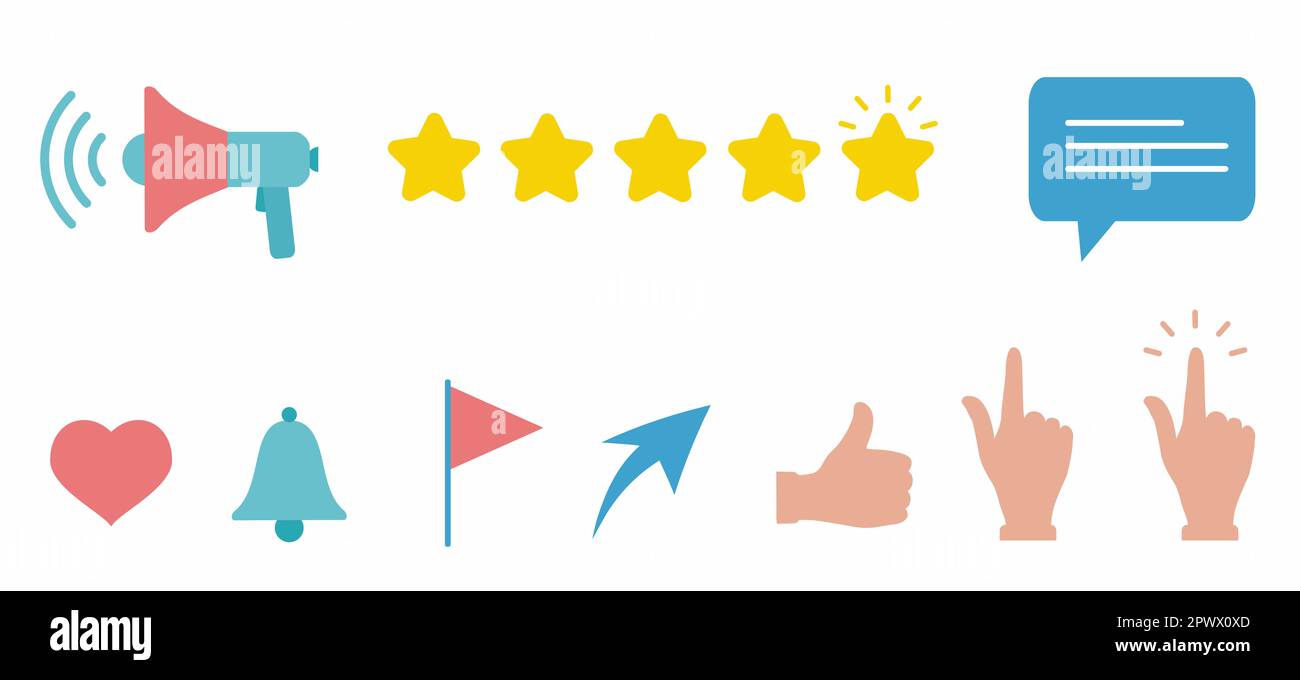 Social media notification and reaction icons. Vector label of customer ...