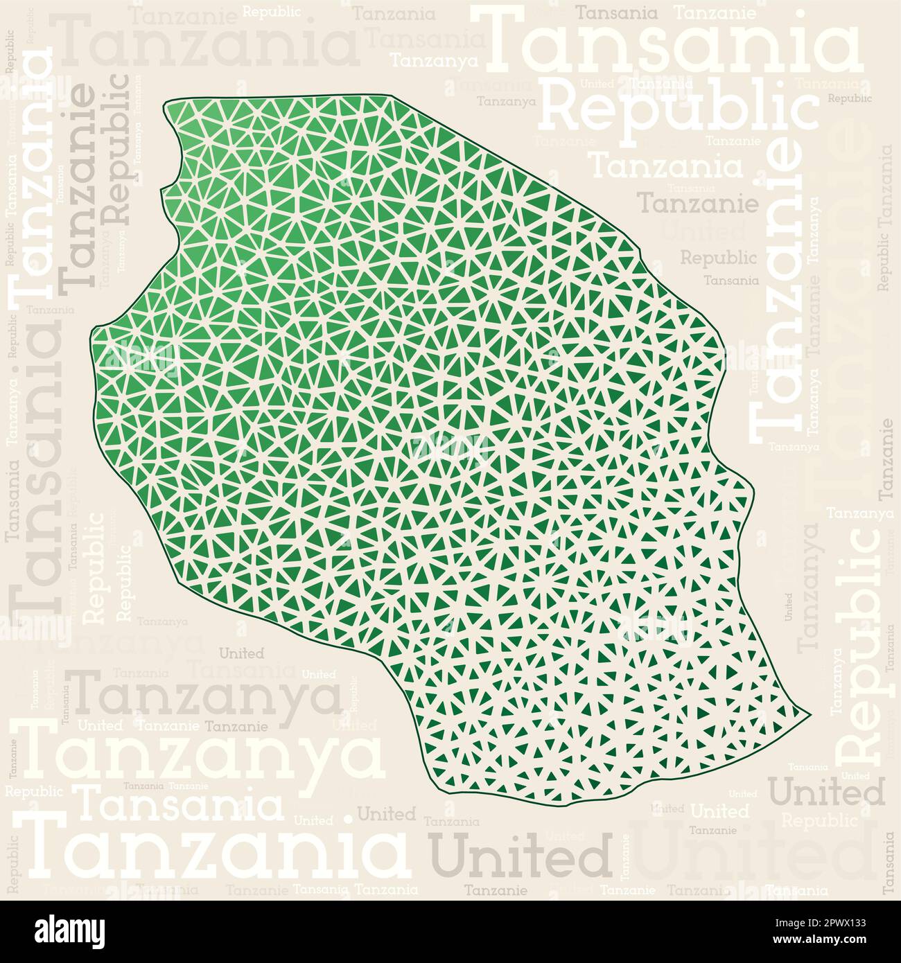 Tanzania map design. Country names in different languages and map shape ...