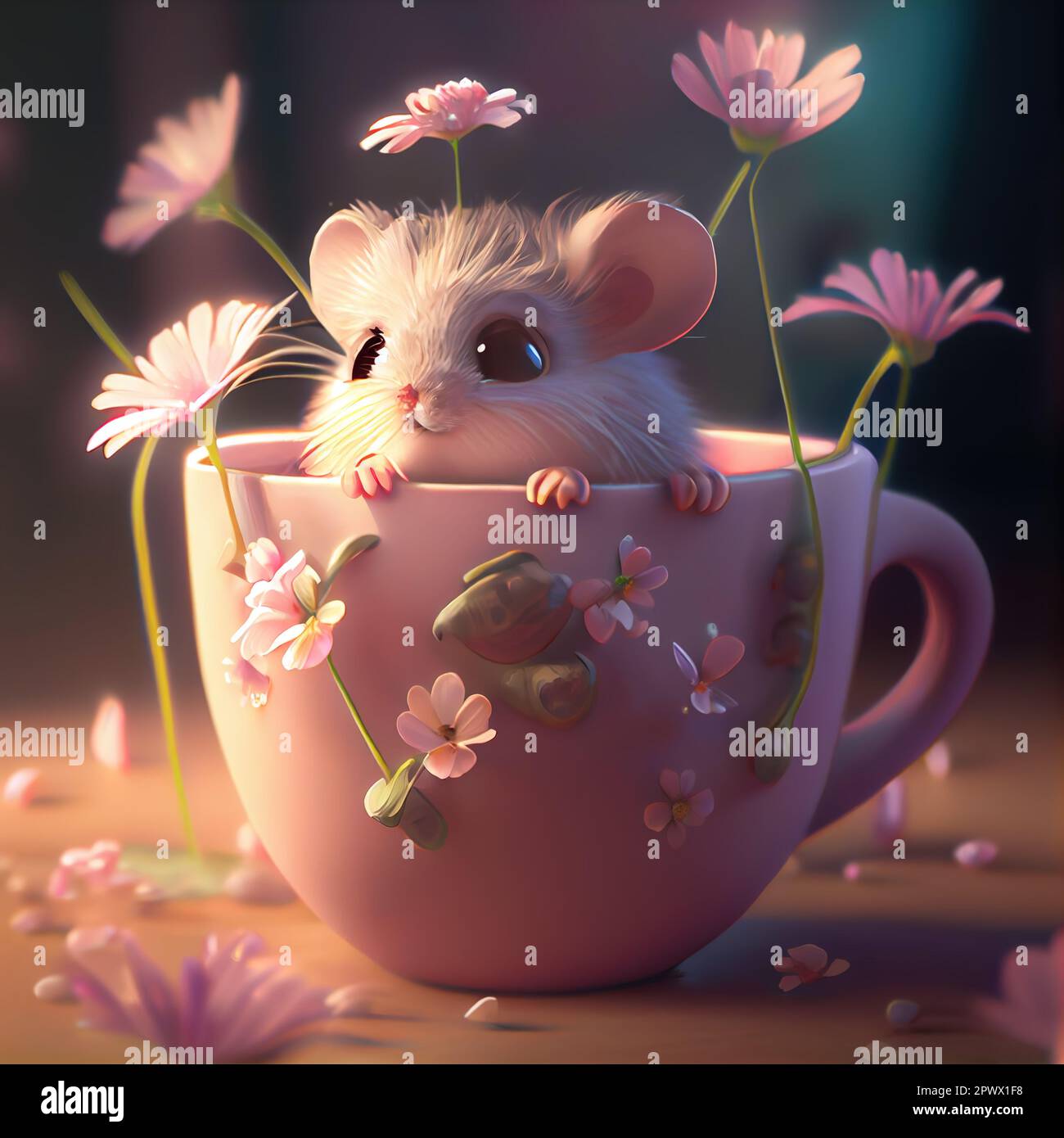 fantasy mouse in a cup with flowers in beige background illustration ...