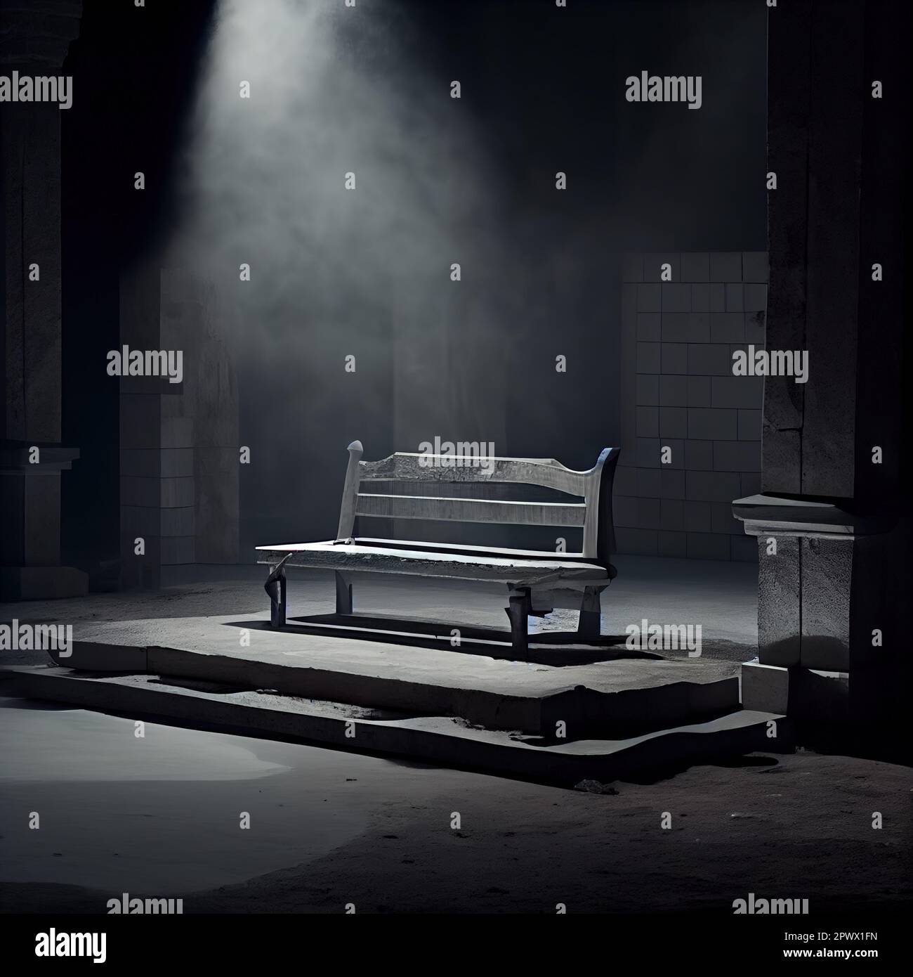 room with bench in the center and smoke dark background with lamp Stock ...