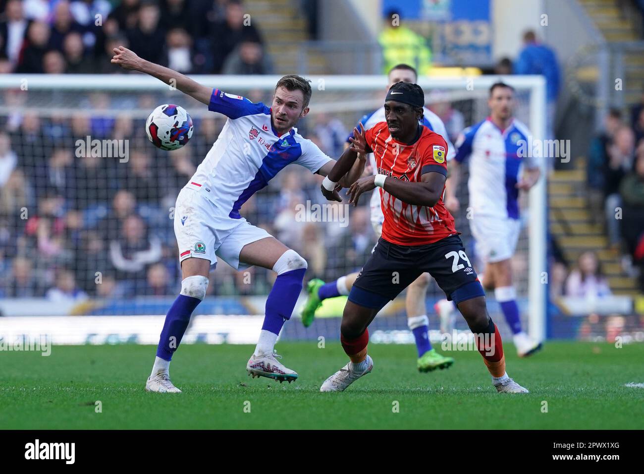 Blackburn Rovers’ Ryan Hedges (left) and Luton Town’s Amari’i Bell ...
