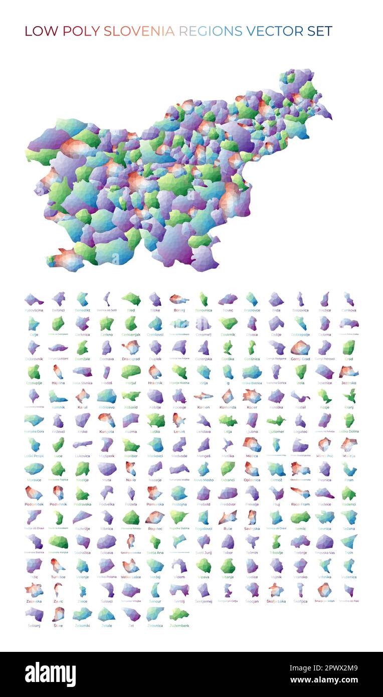Slovene low poly regions. Polygonal map of Slovenia with regions. Geometric maps for your design ...