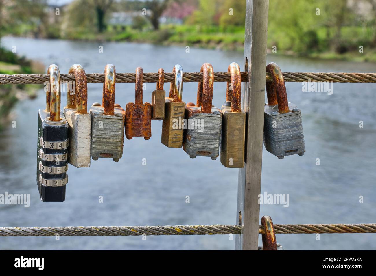 Padlocks on a footbridge over the River Cocker near the confluence with ...