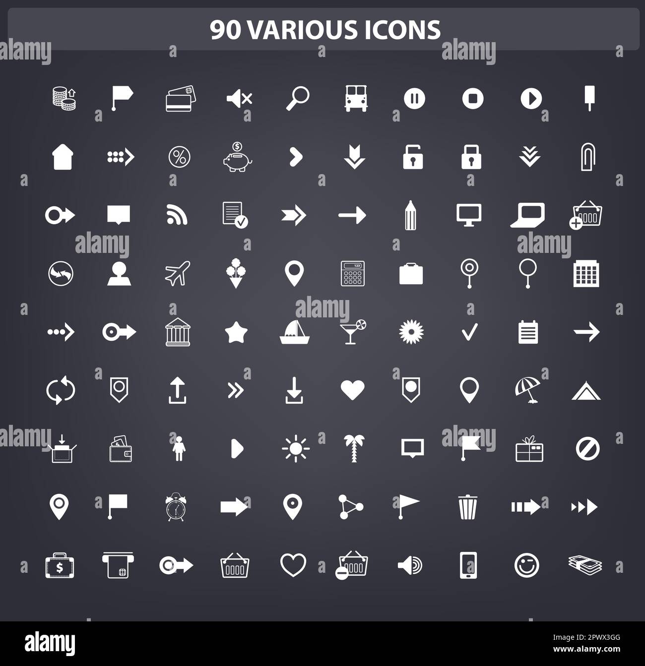 Vector set of various web icons. White on black background. Use for ...
