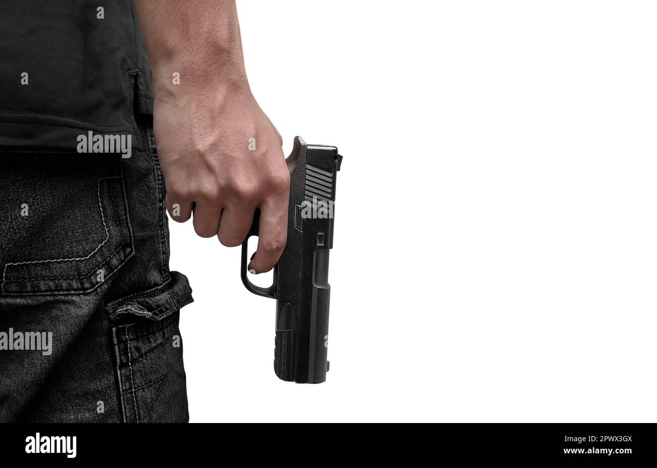 Killer with gun close isolated on white background Stock Photo - Alamy