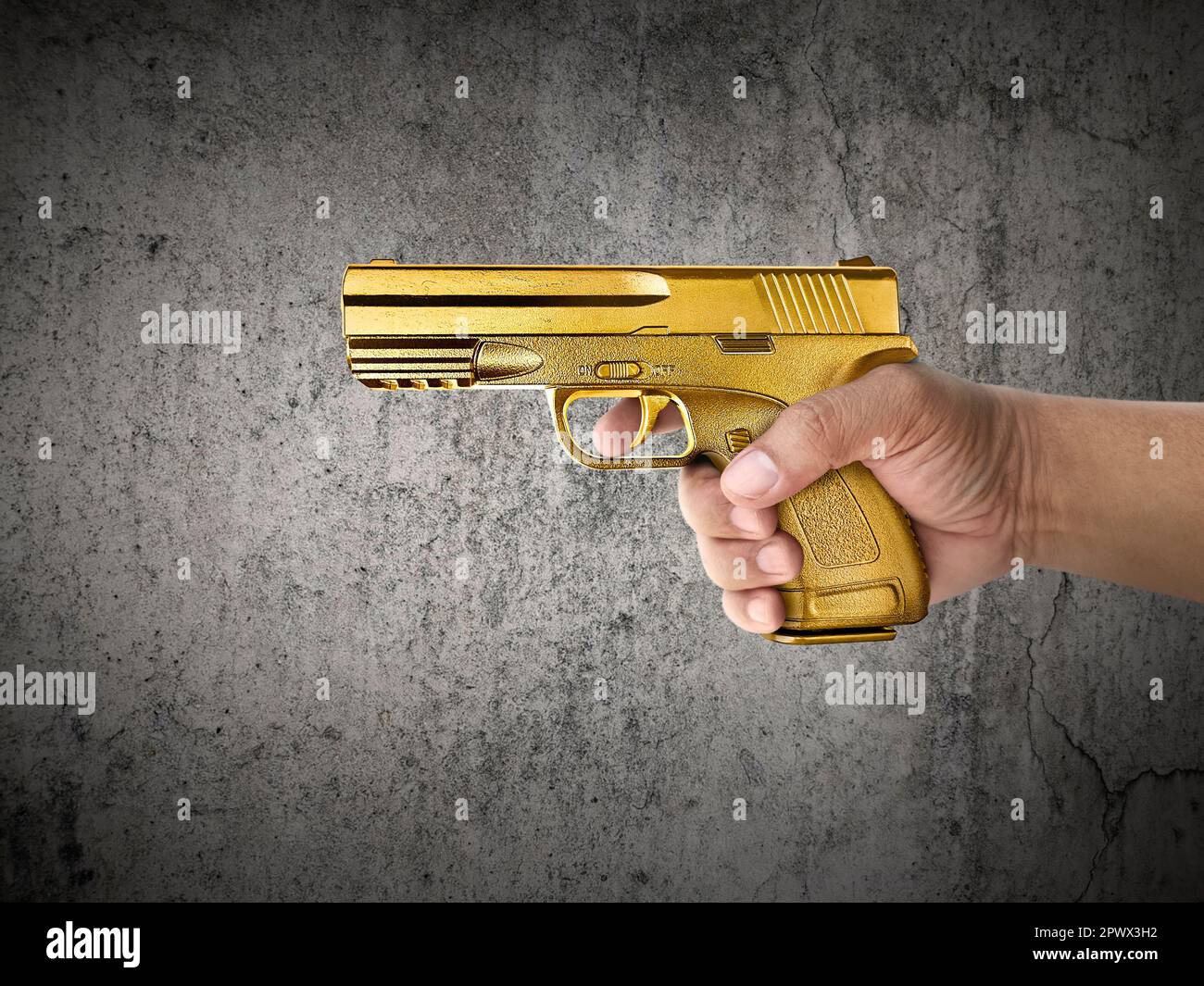 Killer with gun close up over grunge background with copyspace Stock ...
