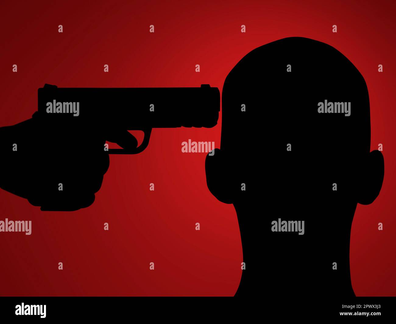 Silhouette of a man with gun pointing to Young man with a shaved head ...